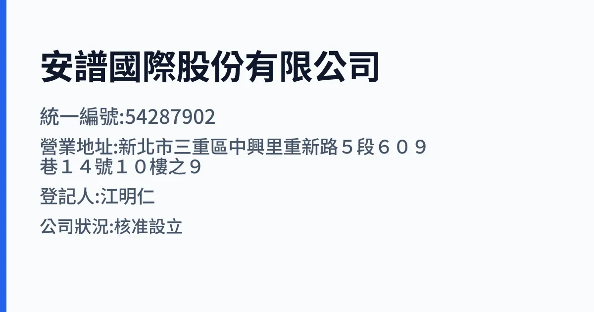 安譜國際股份有限公司 - 統編 54287902(新北市) 公司登記資料與營業項目詳細圖表