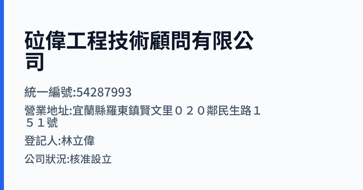 砬偉工程技術顧問有限公司 - 統編 54287993(宜蘭縣) 公司登記資料與營業項目詳細圖表