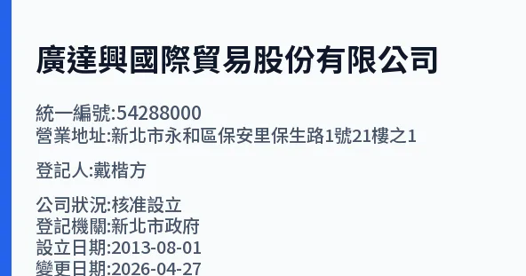 廣達興國際貿易股份有限公司的照片-統編 54288000(新北市) 公司登記資料與營業項目詳細圖表