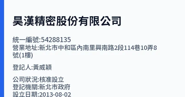 昊漢精密股份有限公司的照片-統編 54288135(新北市) 公司登記資料與營業項目詳細圖表