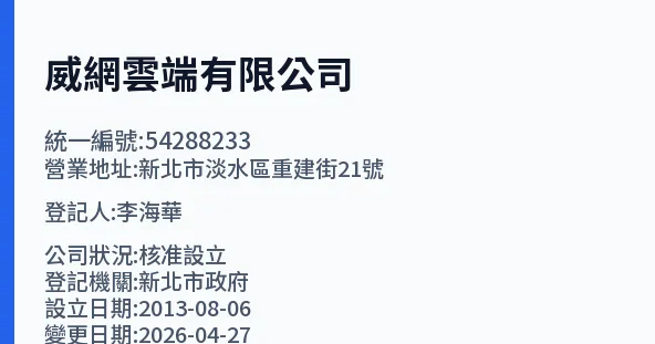 威網雲端有限公司的照片-統編 54288233(新北市) 公司登記資料與營業項目詳細圖表