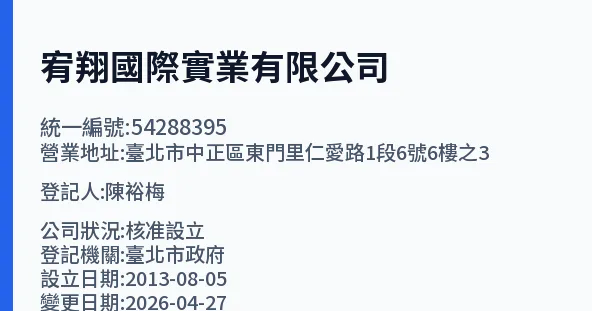 宥翔國際實業有限公司的照片-統編 54288395(臺北市) 公司登記資料與營業項目詳細圖表