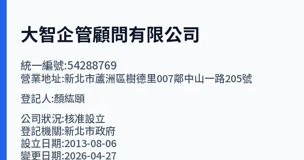 大智企管顧問有限公司的照片-統編 54288769(新北市) 公司登記資料與營業項目詳細圖表
