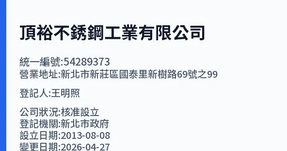 頂裕不銹鋼工業有限公司的照片-統編 54289373(新北市) 公司登記資料與營業項目詳細圖表