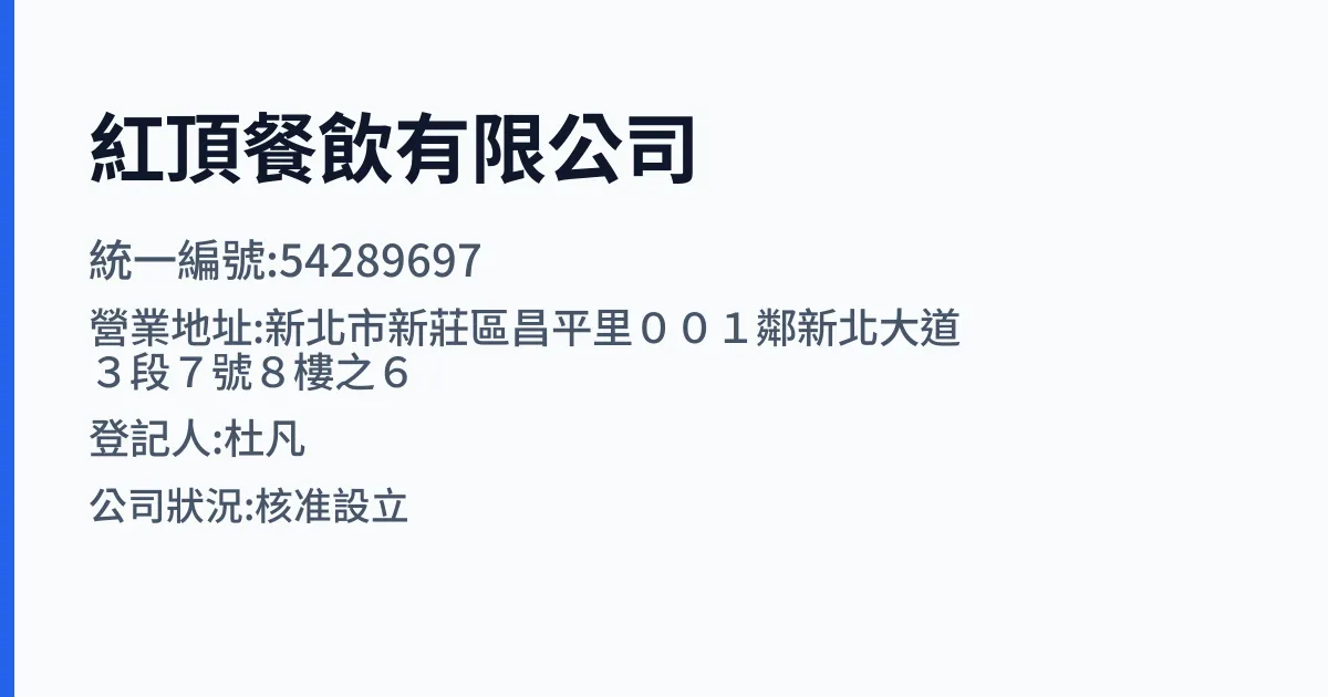 紅頂餐飲有限公司 - 統編 54289697(新北市) 公司登記資料與營業項目詳細圖表