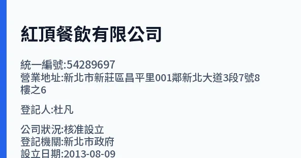 紅頂餐飲有限公司的照片-統編 54289697(新北市) 公司登記資料與營業項目詳細圖表