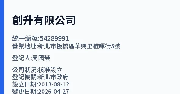 創升有限公司的照片-統編 54289991(新北市) 公司登記資料與營業項目詳細圖表