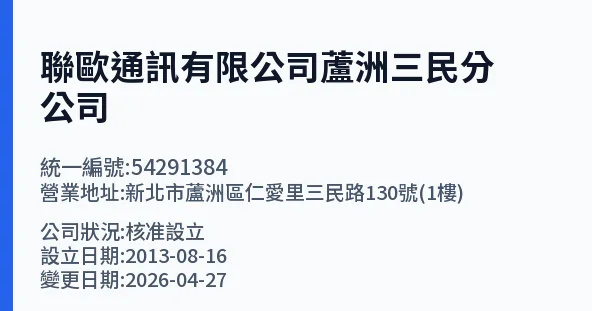 聯歐通訊有限公司蘆洲三民分公司的照片-統編 54291384(新北市) 公司登記資料與營業項目詳細圖表