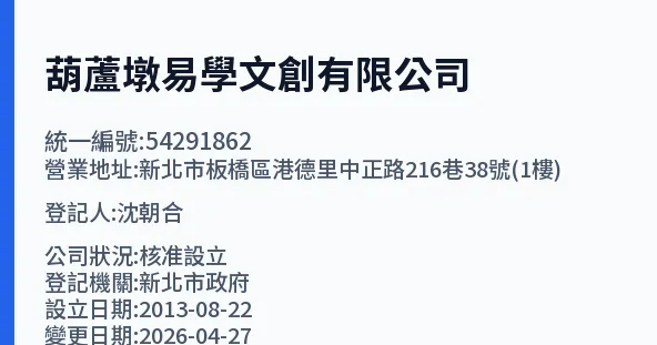 葫蘆墩易學文創有限公司的照片-統編 54291862(新北市) 公司登記資料與營業項目詳細圖表