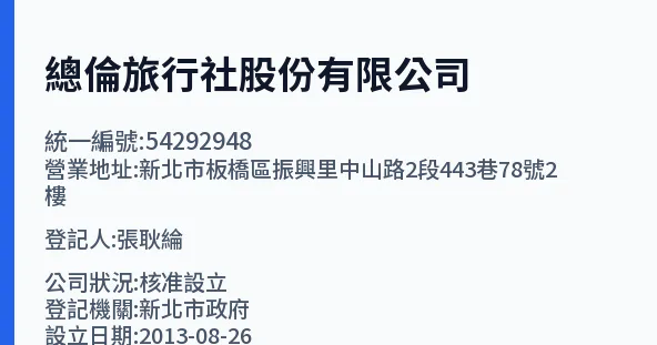 總倫旅行社股份有限公司的照片-統編 54292948(新北市) 公司登記資料與營業項目詳細圖表