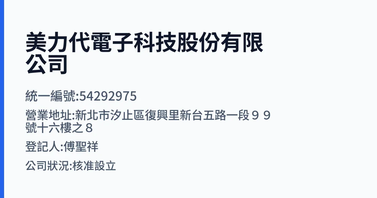 美力代電子科技股份有限公司 - 統編 54292975(新北市) 公司登記資料與營業項目詳細圖表