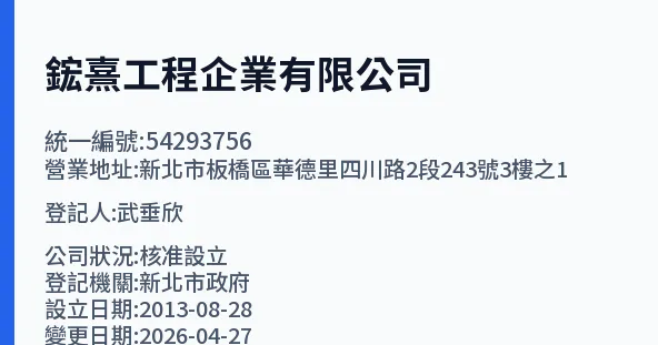 鋐熹工程企業有限公司的照片-統編 54293756(新北市) 公司登記資料與營業項目詳細圖表