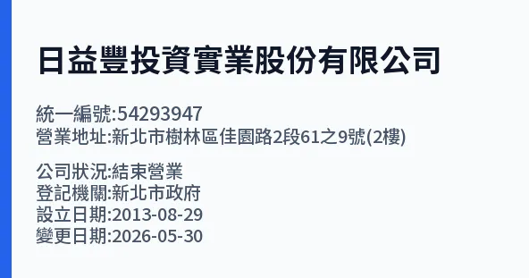 日益豐投資實業股份有限公司的照片-統編 54293947(新北市) 公司登記資料與營業項目詳細圖表