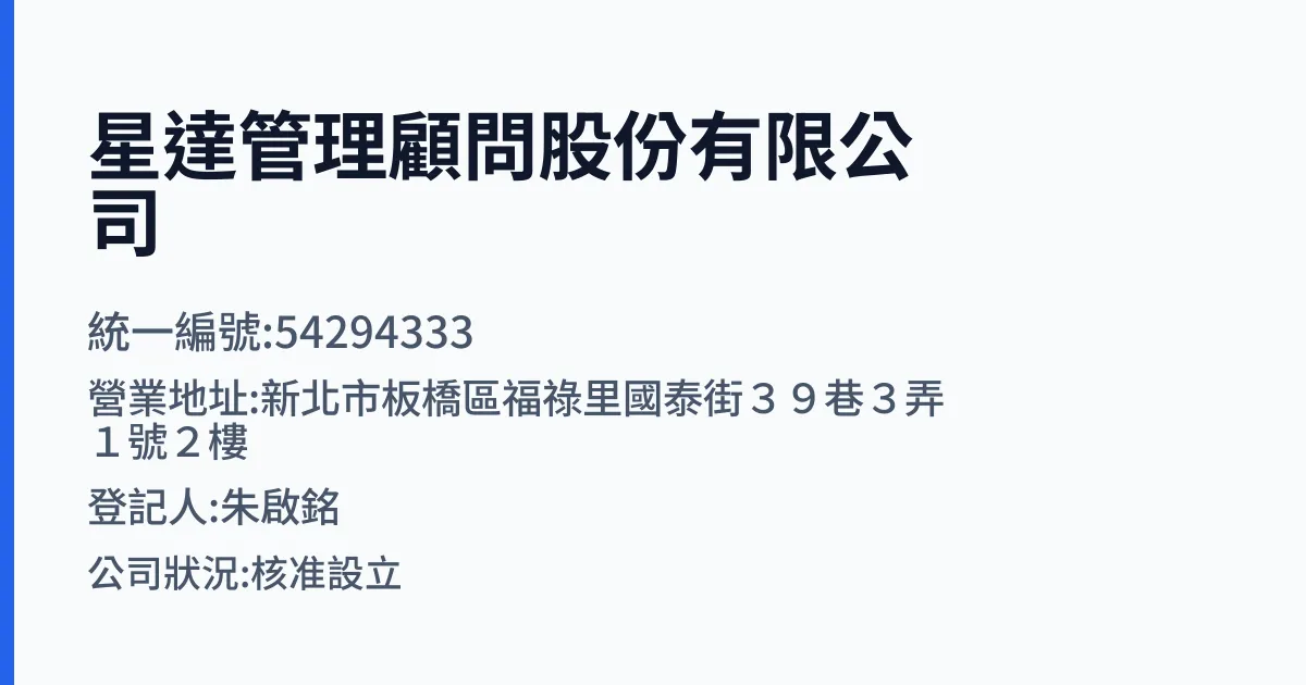星達管理顧問股份有限公司 - 統編 54294333(新北市) 公司登記資料與營業項目詳細圖表