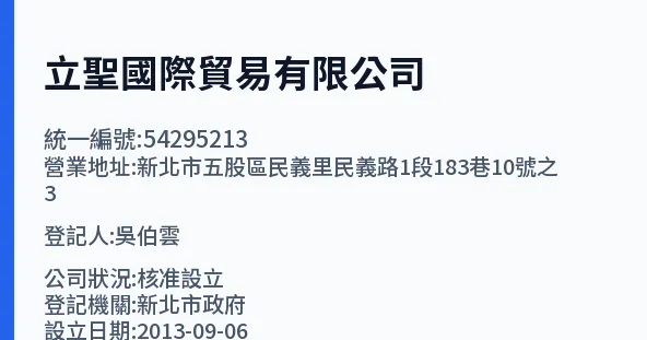 立聖國際貿易有限公司的照片-統編 54295213(新北市) 公司登記資料與營業項目詳細圖表