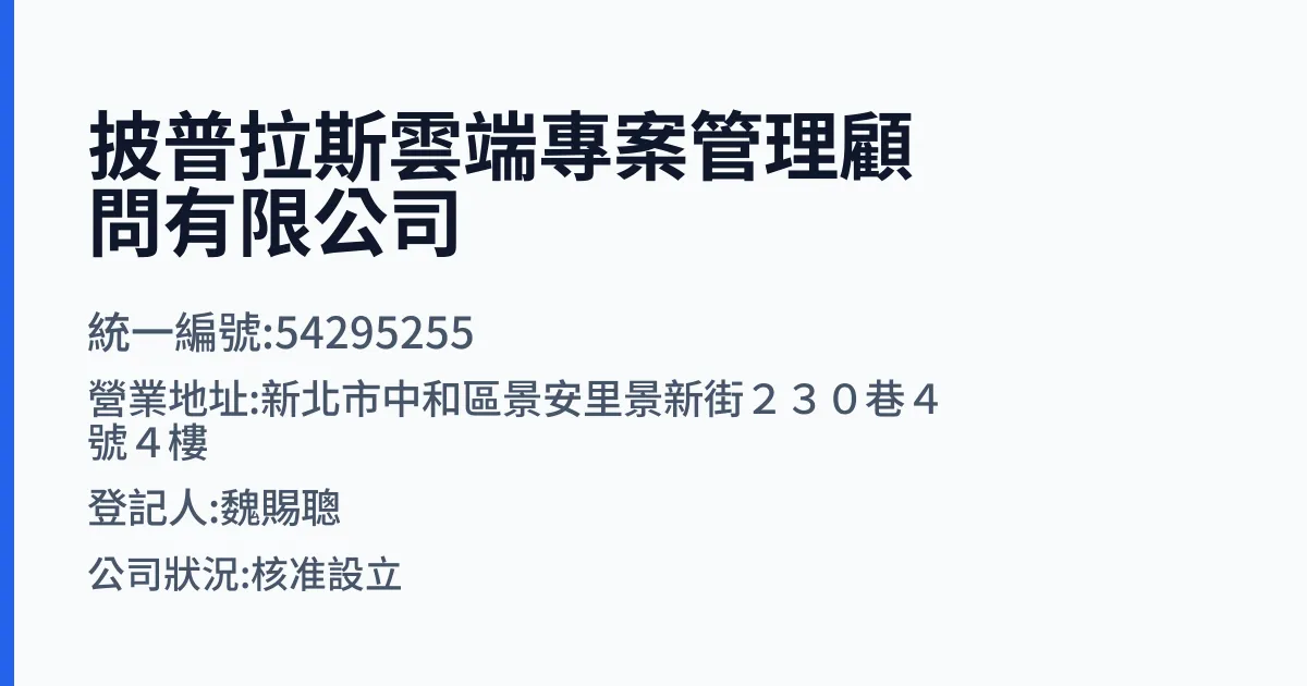 披普拉斯雲端專案管理顧問有限公司 - 統編 54295255(新北市) 公司登記資料與營業項目詳細圖表