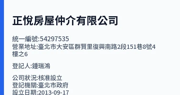 正悅房屋仲介有限公司的照片-統編 54297535(臺北市) 公司登記資料與營業項目詳細圖表