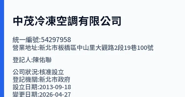 中茂冷凍空調有限公司的照片-統編 54297958(新北市) 公司登記資料與營業項目詳細圖表