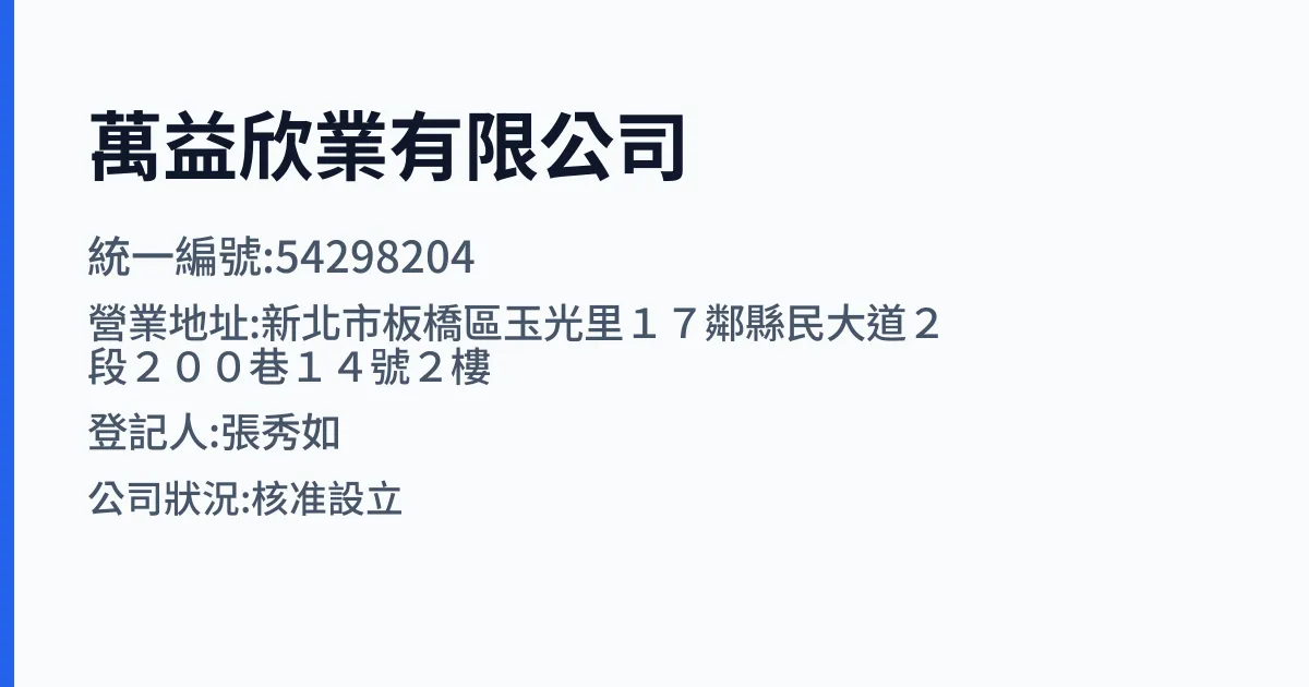 萬益欣業有限公司 - 統編 54298204(新北市) 公司登記資料與營業項目詳細圖表