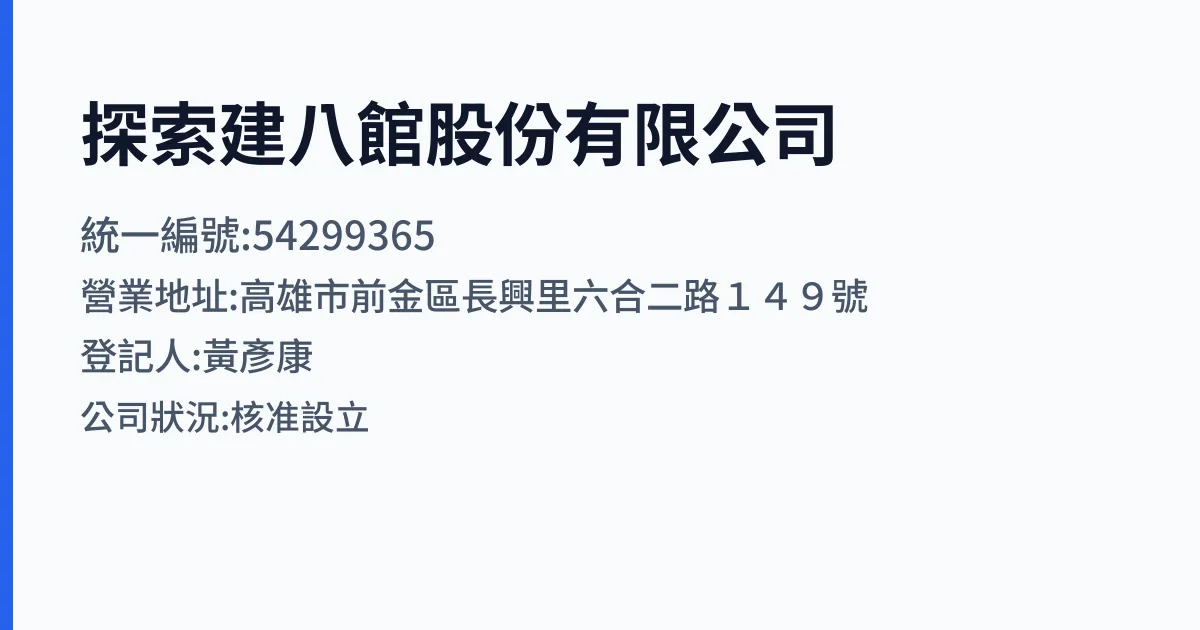 探索建八館股份有限公司 - 統編 54299365(高雄市) 公司登記資料與營業項目詳細圖表