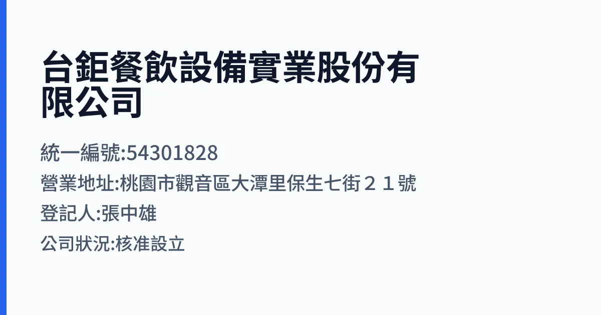 台鉅餐飲設備實業股份有限公司 - 統編 54301828(桃園市) 公司登記資料與營業項目詳細圖表