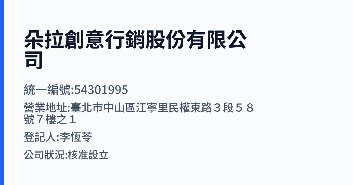 朵拉創意行銷股份有限公司 - 統編 54301995(新北市) 公司登記資料與營業項目詳細圖表