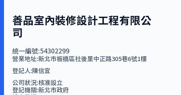 善品室內裝修設計工程有限公司的照片-統編 54302299(新北市) 公司登記資料與營業項目詳細圖表