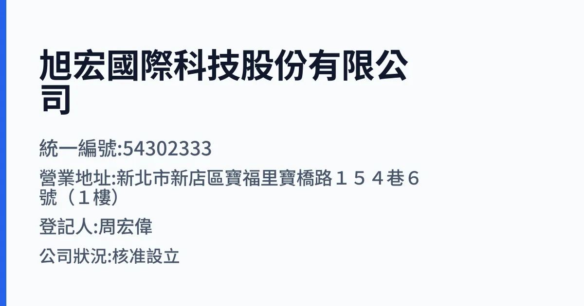 旭宏國際科技股份有限公司 - 統編 54302333(新北市) 公司登記資料與營業項目詳細圖表