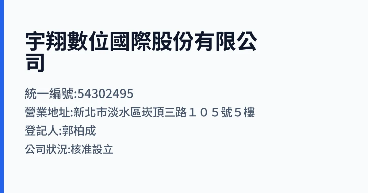 宇翔數位國際股份有限公司 - 統編 54302495(新北市) 公司登記資料與營業項目詳細圖表