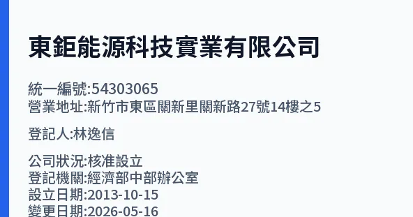 東鉅能源科技實業有限公司的照片-統編 54303065(新竹市) 公司登記資料與營業項目詳細圖表