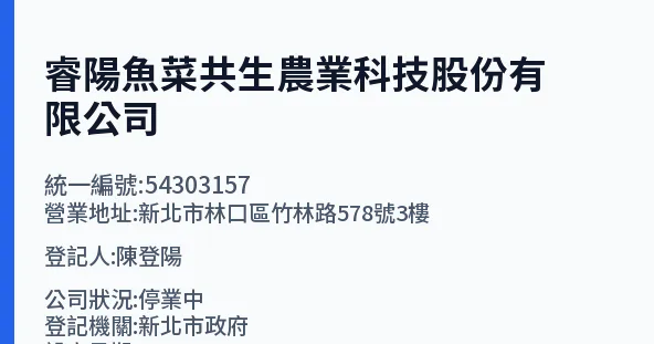 睿陽魚菜共生農業科技股份有限公司的照片-統編 54303157(新北市) 公司登記資料與營業項目詳細圖表