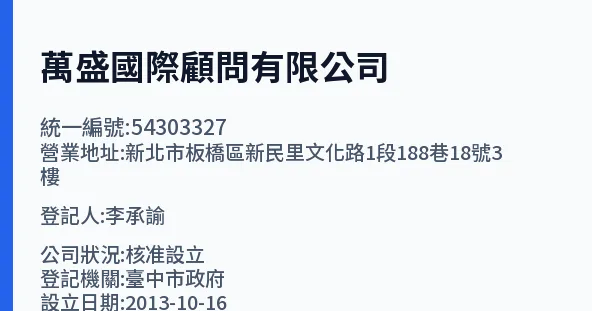 萬盛國際顧問有限公司的照片-統編 54303327(新北市) 公司登記資料與營業項目詳細圖表
