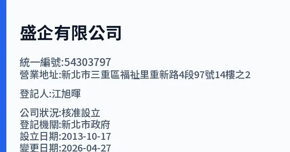 盛企有限公司的照片-統編 54303797(新北市) 公司登記資料與營業項目詳細圖表