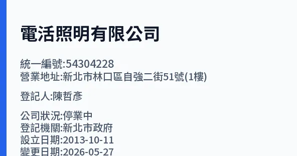 電活照明有限公司的照片-統編 54304228(新北市) 公司登記資料與營業項目詳細圖表
