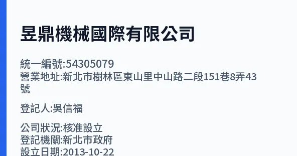 昱鼎機械國際有限公司的照片-統編 54305079(新北市) 公司登記資料與營業項目詳細圖表