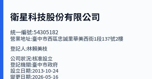 衛星科技股份有限公司的照片-統編 54305182(臺中市) 公司登記資料與營業項目詳細圖表