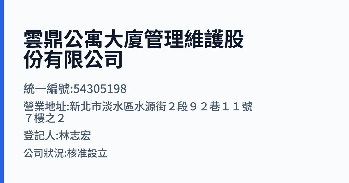 雲鼎公寓大廈管理維護股份有限公司 - 統編 54305198 (新北市) 公司登記資料與營業項目詳細圖表
