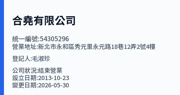 合堯有限公司的照片-統編 54305296(新北市) 公司登記資料與營業項目詳細圖表