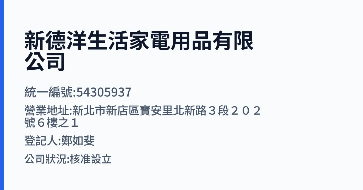 新德洋生活家電用品有限公司 - 統編 54305937(新北市) 公司登記資料與營業項目詳細圖表