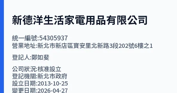 新德洋生活家電用品有限公司的照片-統編 54305937(新北市) 公司登記資料與營業項目詳細圖表