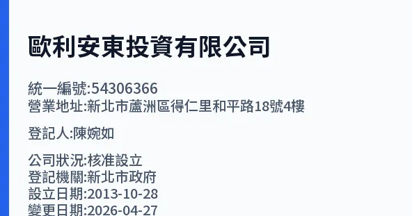 歐利安東投資有限公司的照片-統編 54306366(新北市) 公司登記資料與營業項目詳細圖表