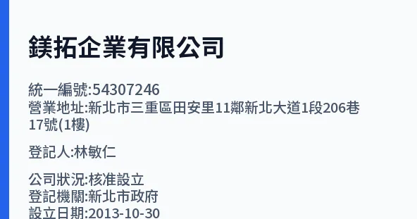 鎂拓企業有限公司的照片-統編 54307246(新北市) 公司登記資料與營業項目詳細圖表