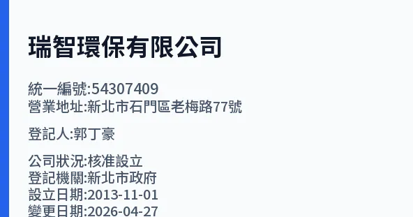瑞智環保有限公司的照片-統編 54307409(新北市) 公司登記資料與營業項目詳細圖表