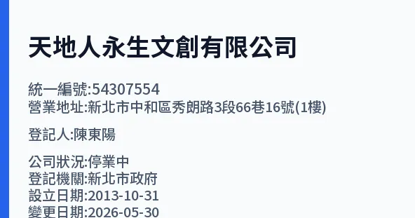 天地人永生文創有限公司的照片-統編 54307554(新北市) 公司登記資料與營業項目詳細圖表
