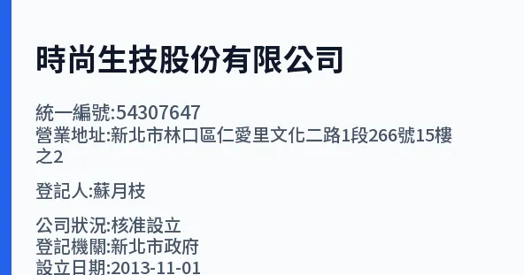 時尚生技股份有限公司的照片-統編 54307647(新北市) 公司登記資料與營業項目詳細圖表