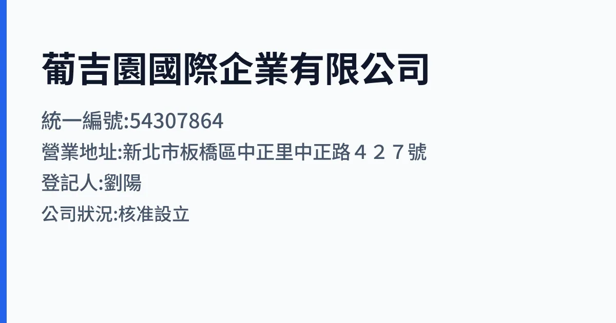 葡吉園國際企業有限公司 - 統編 54307864(新北市) 公司登記資料與營業項目詳細圖表