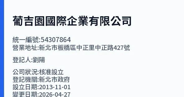 葡吉園國際企業有限公司的照片-統編 54307864(新北市) 公司登記資料與營業項目詳細圖表