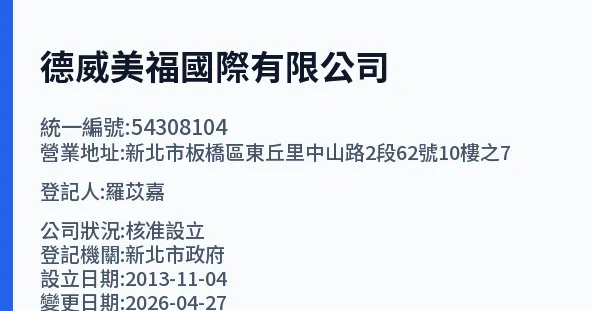 德威美福國際有限公司的照片-統編 54308104(新北市) 公司登記資料與營業項目詳細圖表