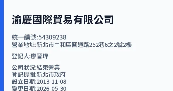 渝慶國際貿易有限公司的照片-統編 54309238(新北市) 公司登記資料與營業項目詳細圖表