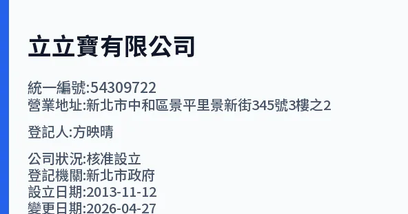 立立寶有限公司的照片-統編 54309722(新北市) 公司登記資料與營業項目詳細圖表